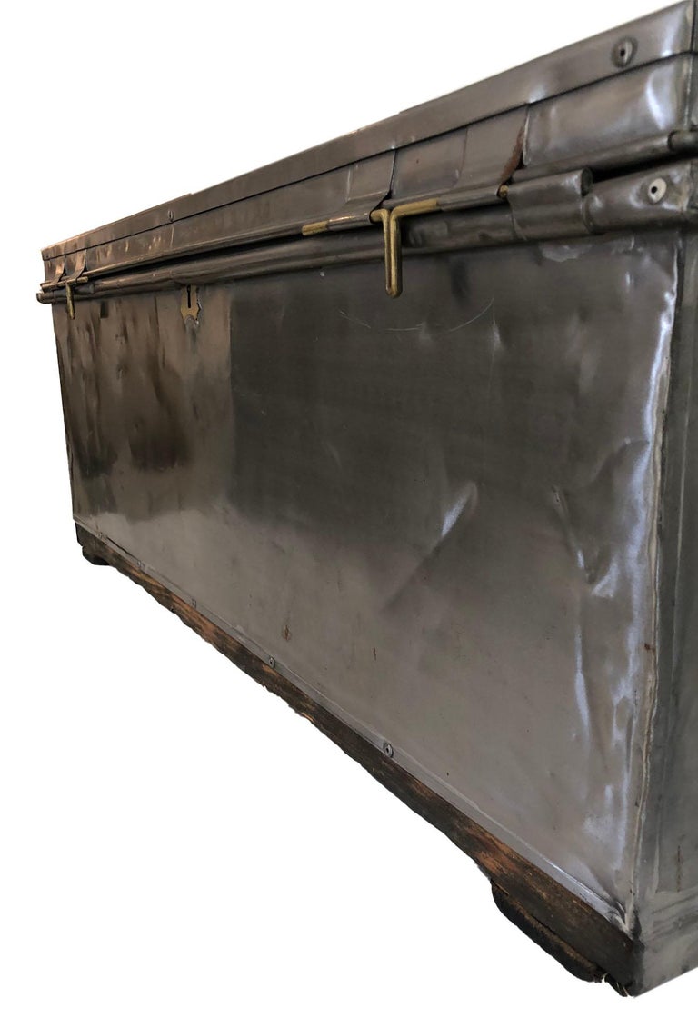 Vintage Antique Metal Trunk with Brass Hardware and Plaque at 1stDibs