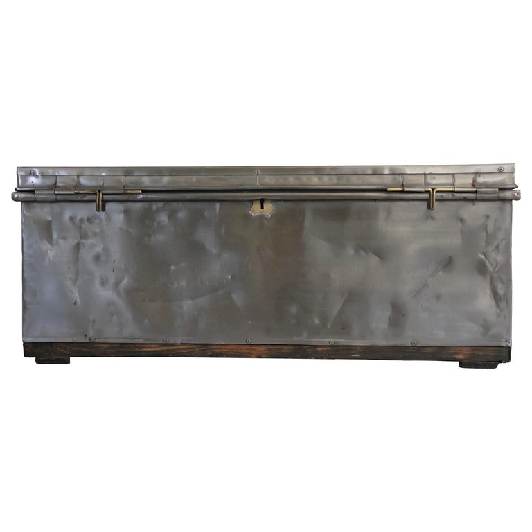 Vintage Antique Metal Trunk with Brass Hardware and Plaque at 1stDibs
