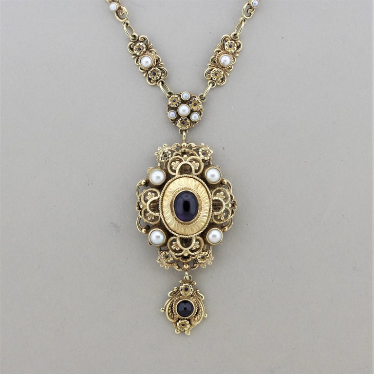 Vintage Antique-Style Amethyst Pearl Gold Drop Necklace For Sale at 1stDibs