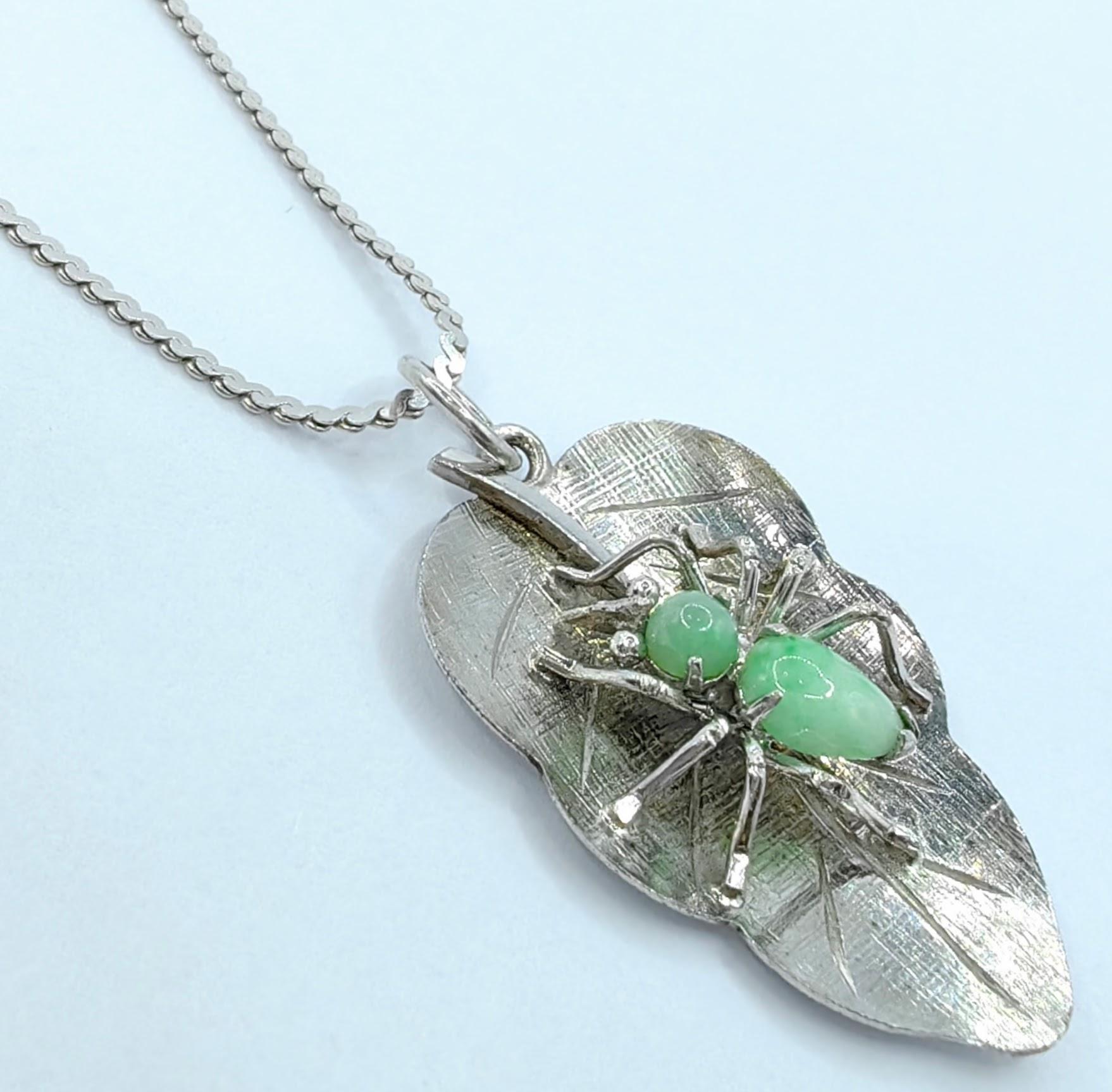 Vintage Apple Green Burmese Jadeite Jade Spider on a Leaf 8K White Gold ...