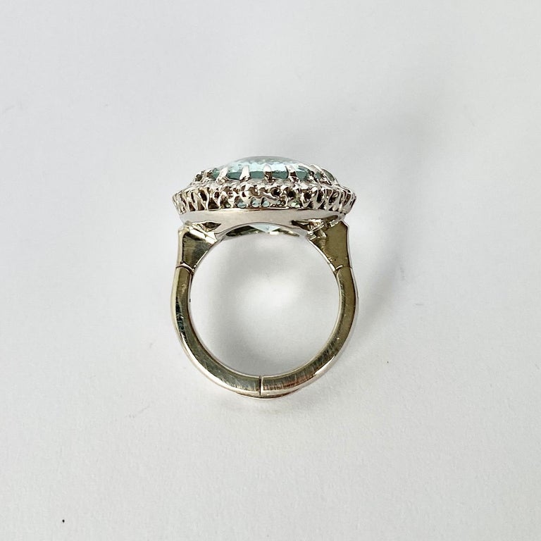 Vintage Aqua and Diamond 14 Carat White Gold Cluster Ring at 1stDibs