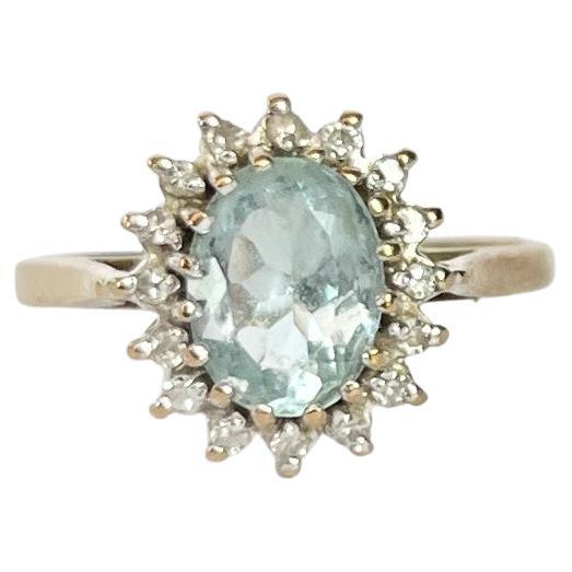 Vintage Aqua and Diamond 9 Carat Gold Cluster Ring For Sale at 1stDibs