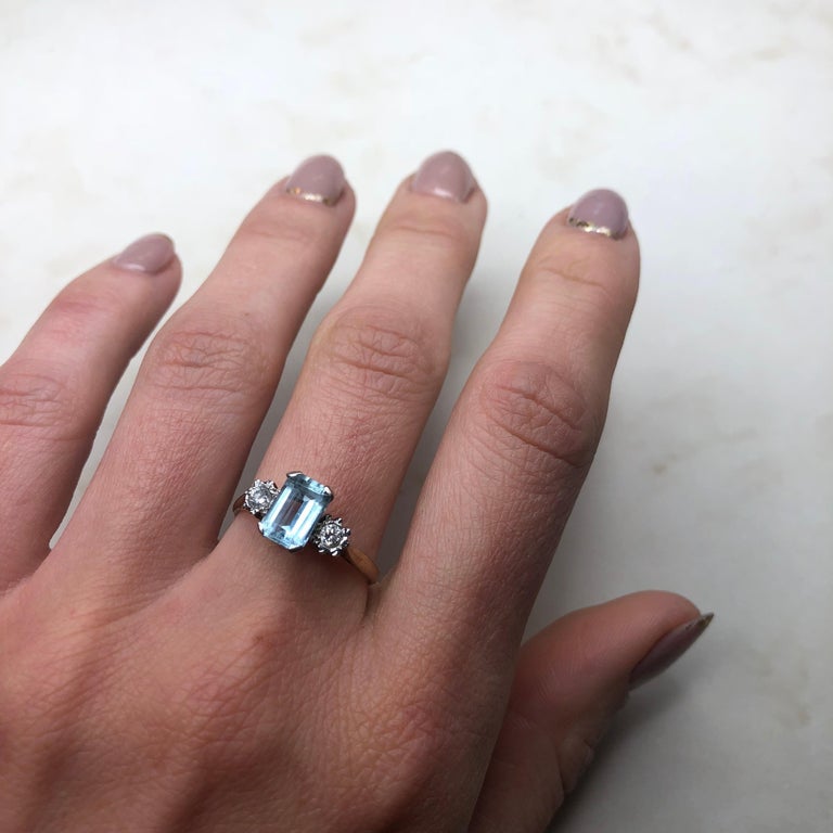 Vintage Aqua and Diamond 9 Carat Gold Three-Stone Ring at 1stDibs