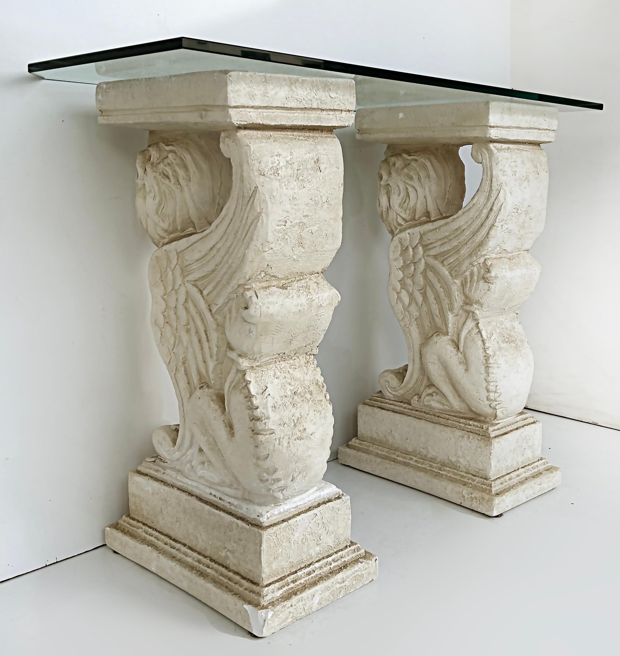 Vintage Architectural Griffin Glass Top Console Table in Plaster For ...