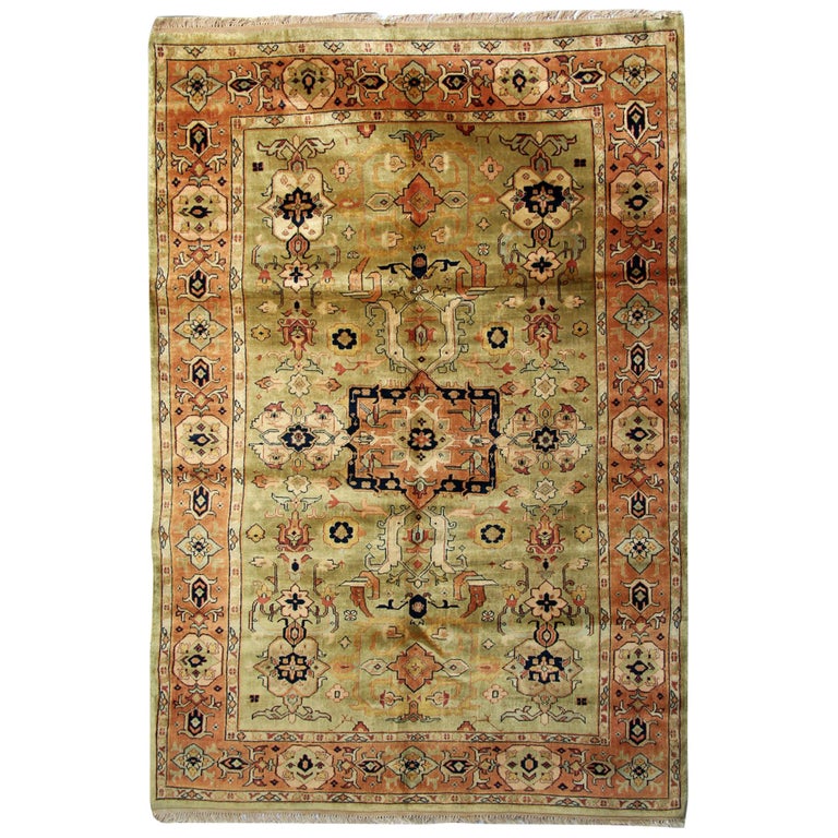 Vintage Area Rug, Handmade Traditional Oriental Olive Green Wool Rug ...