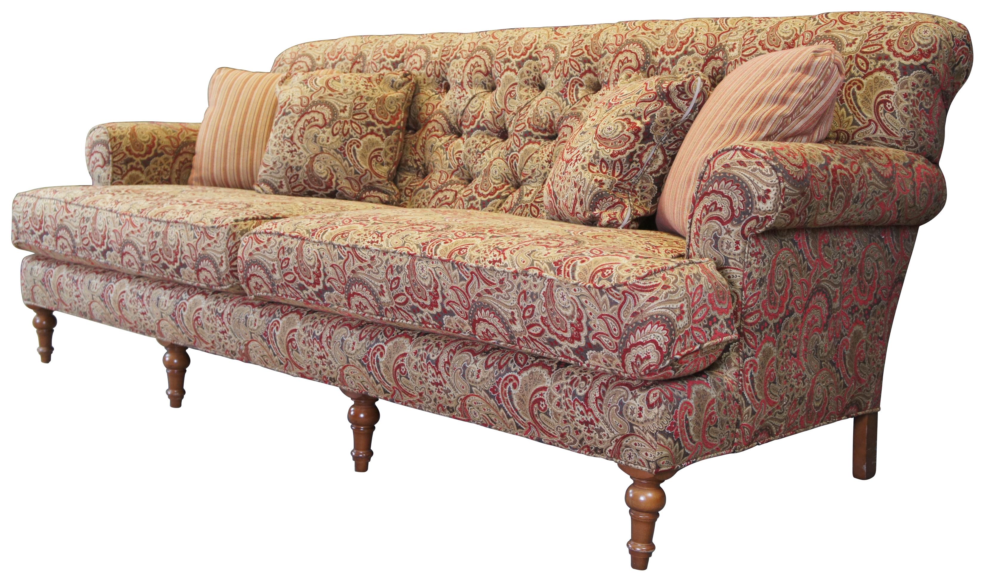Vintage Arhaus Cambridge Collection Tufted Paisley Upholstered Sofa Couch 97" For Sale at 1stDibs