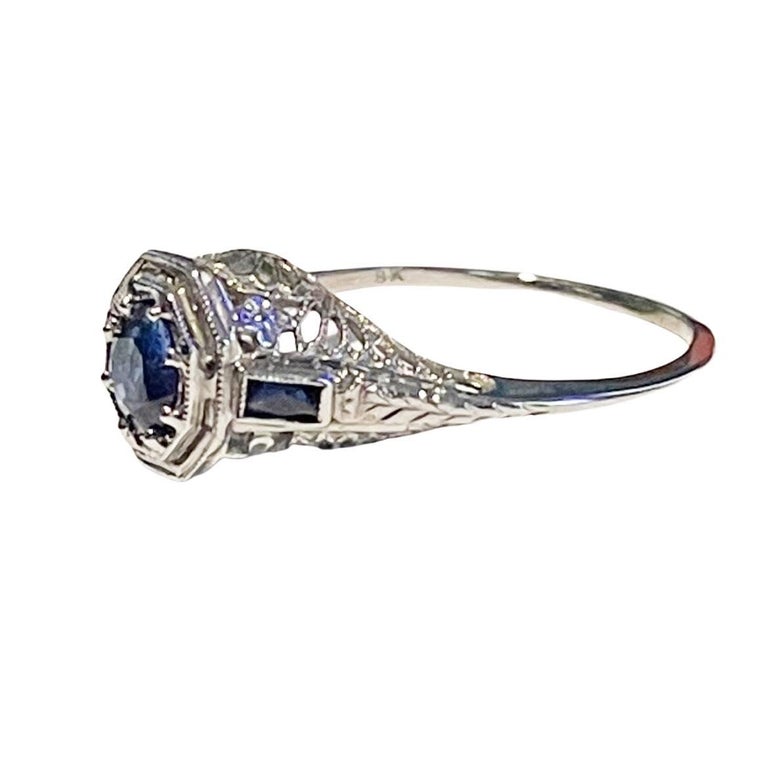 Vintage Art Deco 18k White Gold Filigree .60ct Old Cut Sapphire ...