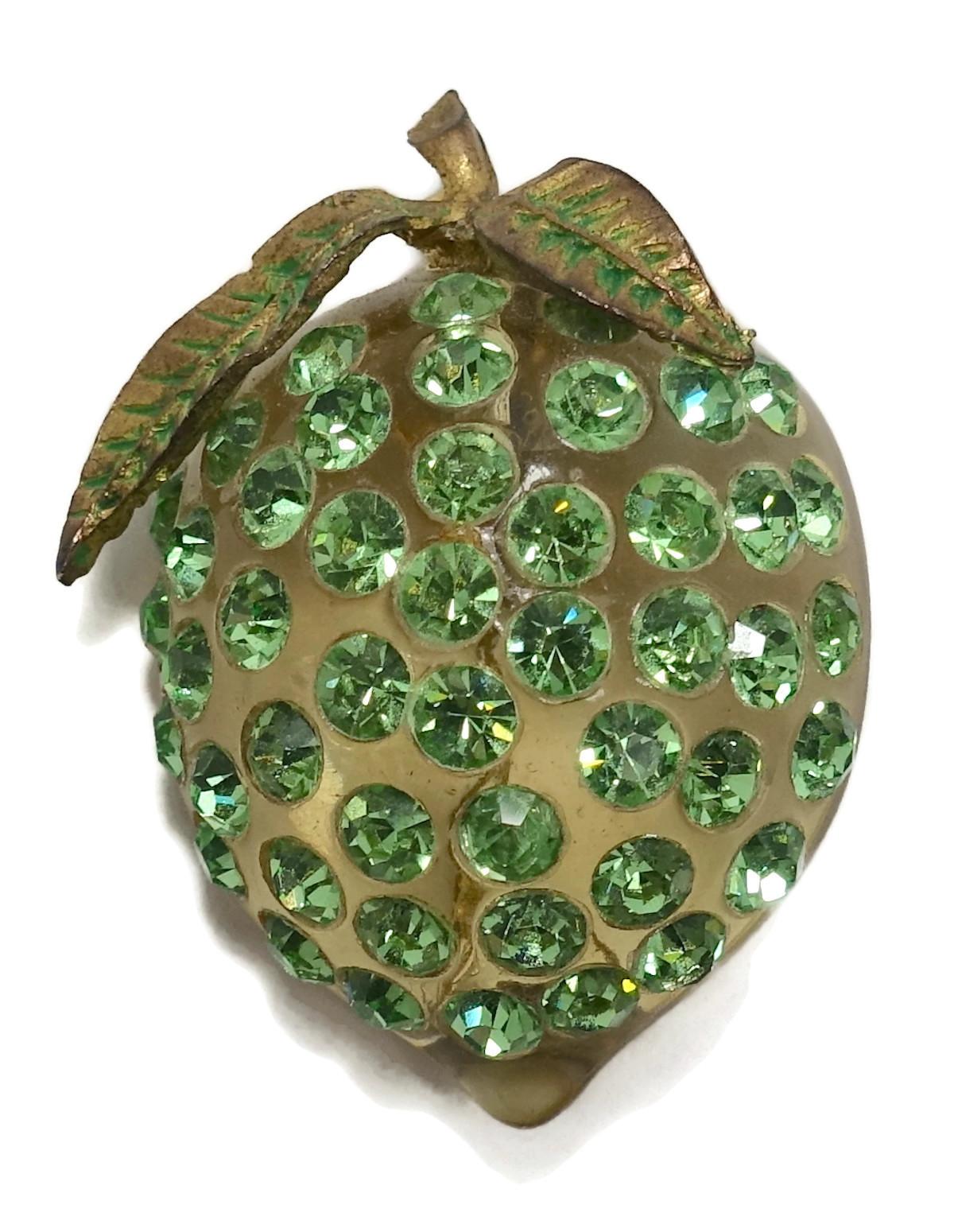 Vintage Art Deco 1930s Green Lucite and Crystal Strawberry Brooch For ...