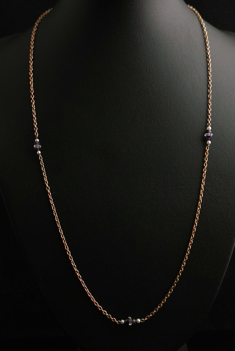 Vintage Art Deco 9k Gold Chain Necklace, Beaded, Rock Crystal, Amethyst ...