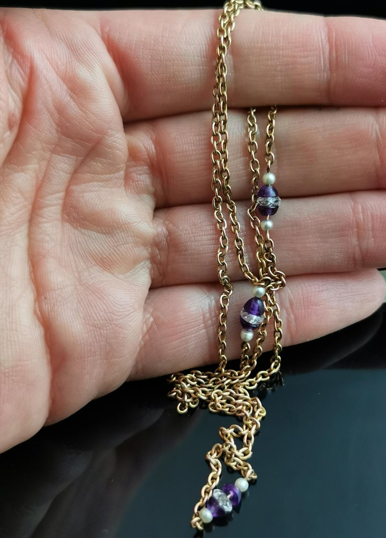 Vintage Art Deco 9k Gold Chain Necklace, Beaded, Rock Crystal, Amethyst ...