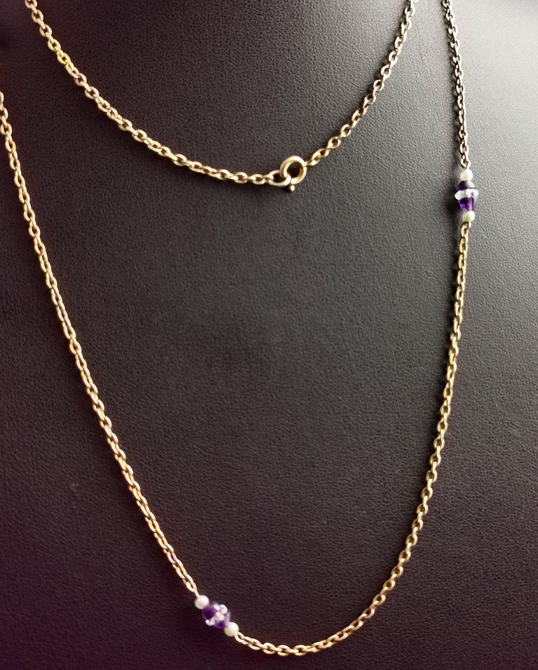 Vintage Art Deco 9k Gold Chain Necklace, Beaded, Rock Crystal, Amethyst ...
