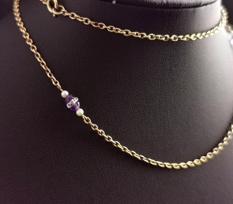 Vintage Art Deco 9k Gold Chain Necklace, Beaded, Rock Crystal, Amethyst ...