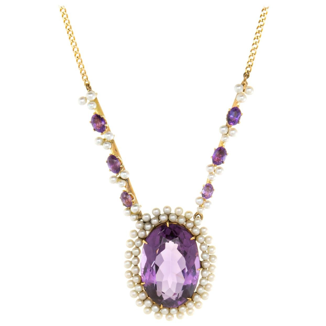 Vintage Antique-Style Amethyst Pearl Gold Drop Necklace For Sale at 1stDibs