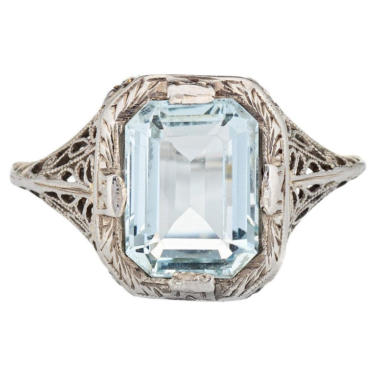 Vintage Art Deco Aquamarine Ring 18k White Gold Filigree Estate Jewelry ...