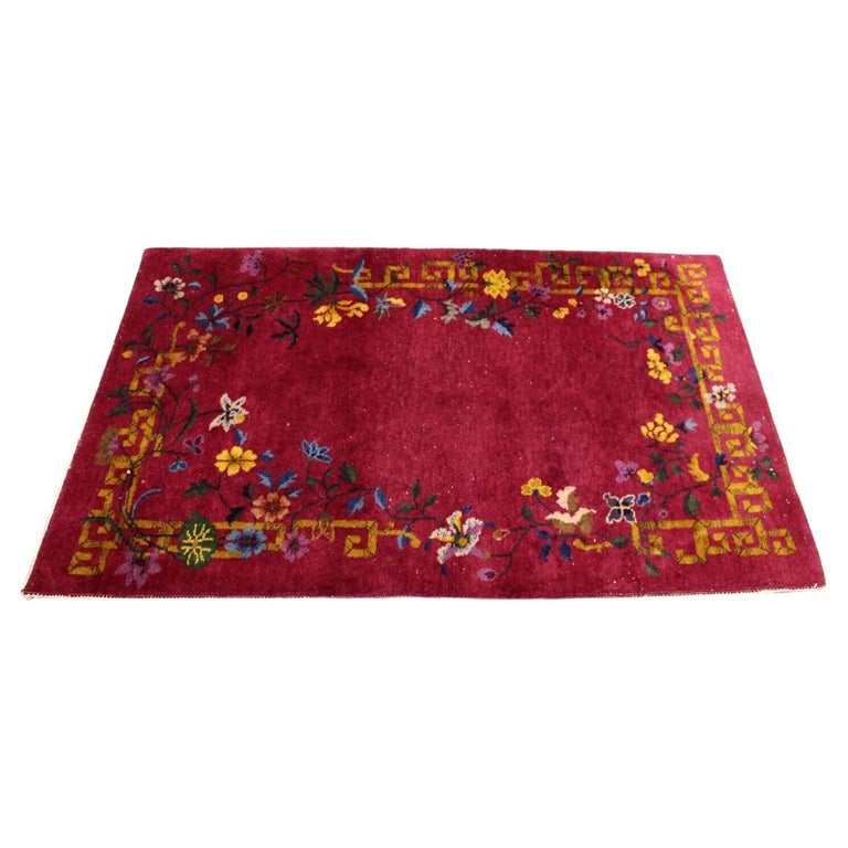 Vintage Art Deco Asian Nichols Rug 30" x 47" Raspberry For Sale at 1stDibs