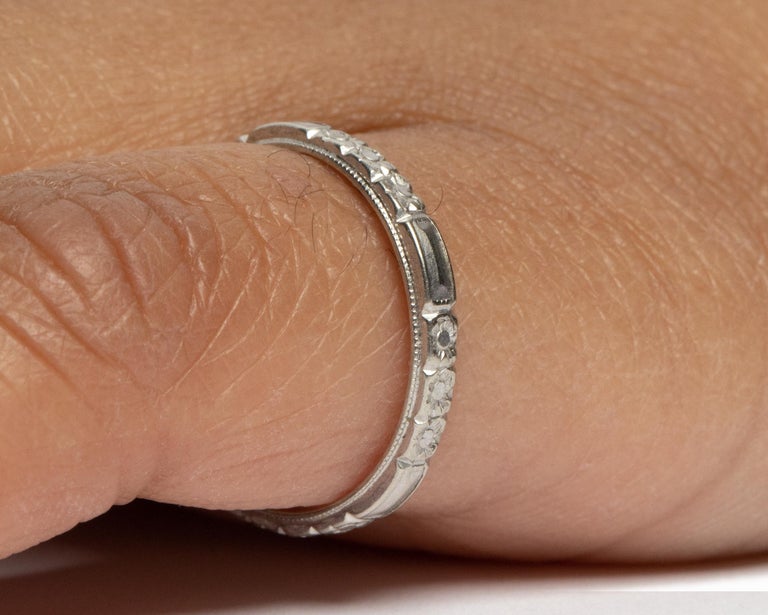 Art Deco Band 10 Karat White Gold Detailed Floral Pattern with Milgrain ...