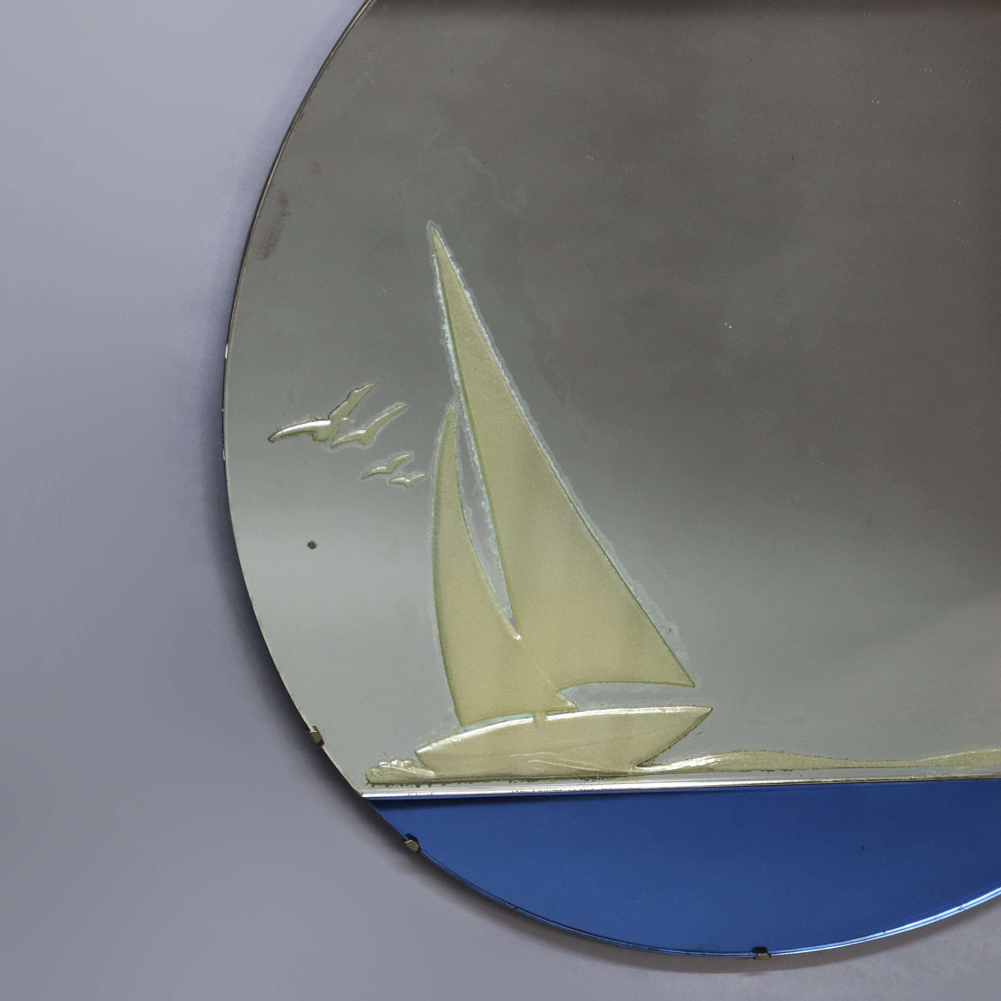 Vintage Art Deco Blue Glass Etched Nautical Theme Wall Mirror, Circa ...