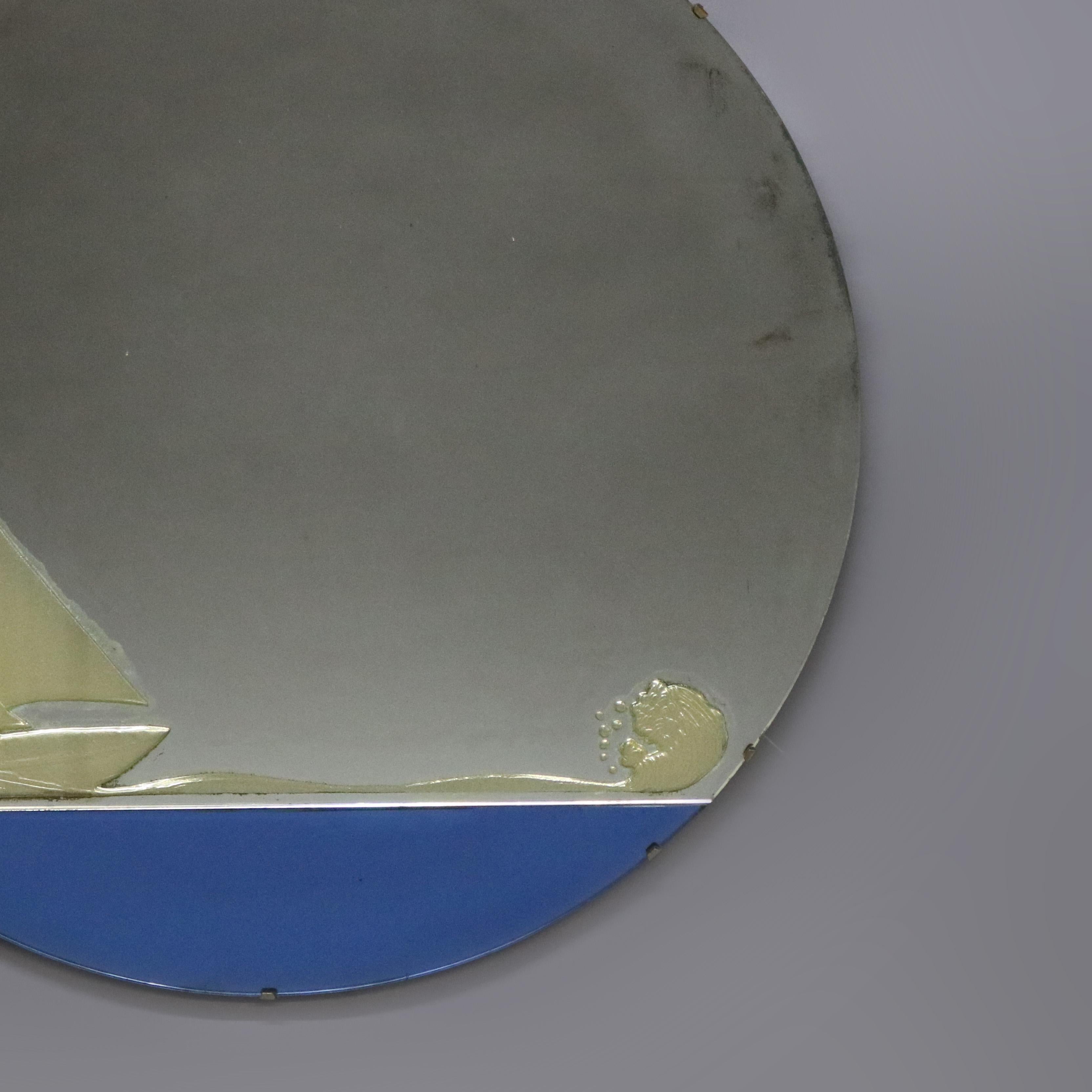 Vintage Art Deco Blue Glass Etched Nautical Theme Wall Mirror, Circa ...