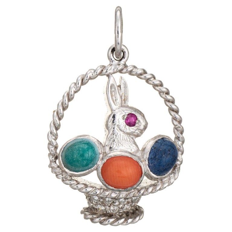 Vintage Art Deco Charm Easter Bunny in Egg Basket Pendant Platinum Fine ...