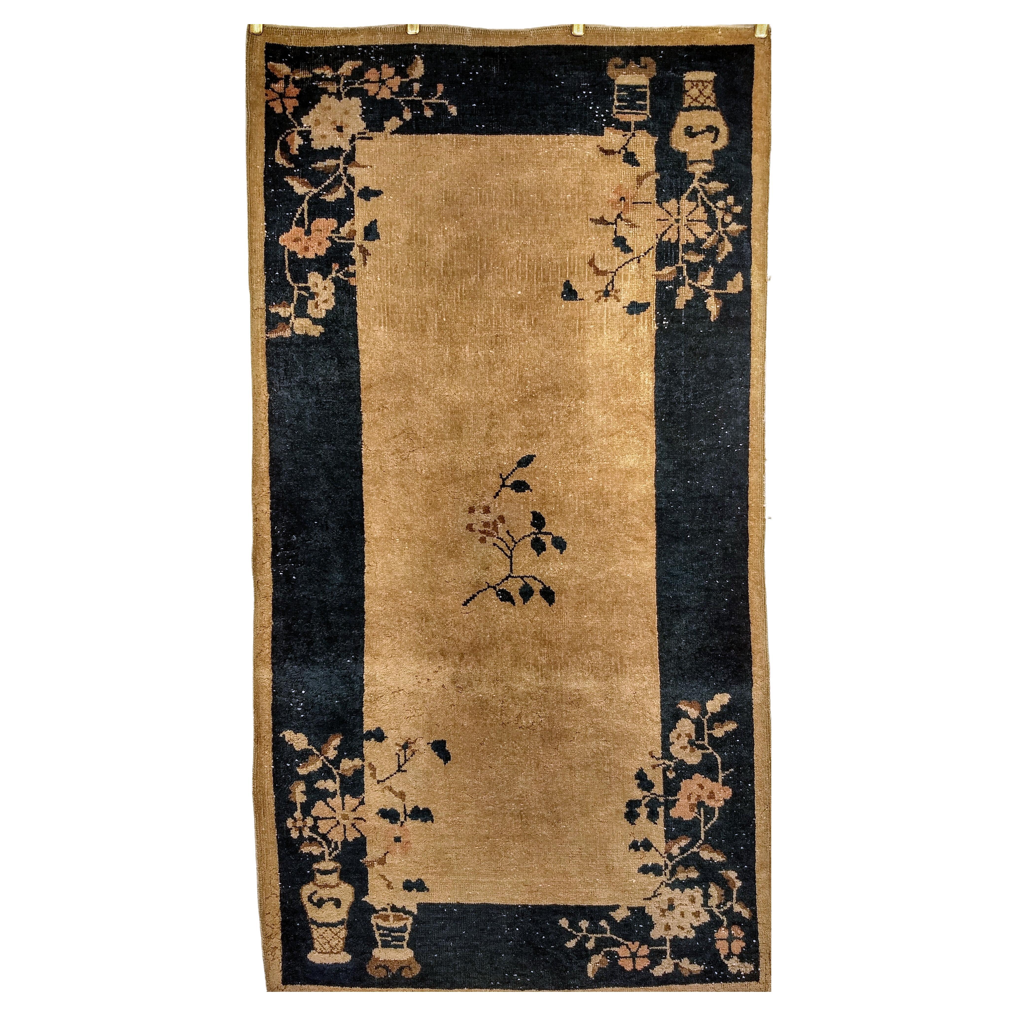 Vintage Art Deco Chinese Area Rug in Tan, Navy Blue, Brown, Pink, Red ...