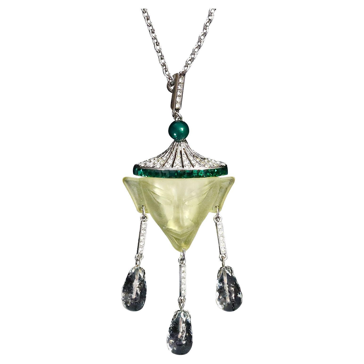 Art Deco Style Dangling Resin and Diamante Faux Emerald Necklace Circa ...
