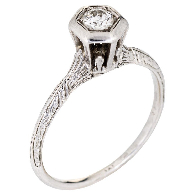 Vintage Art Deco Diamond Ring 0.15ct 18k White Gold Hexagon Mount For ...