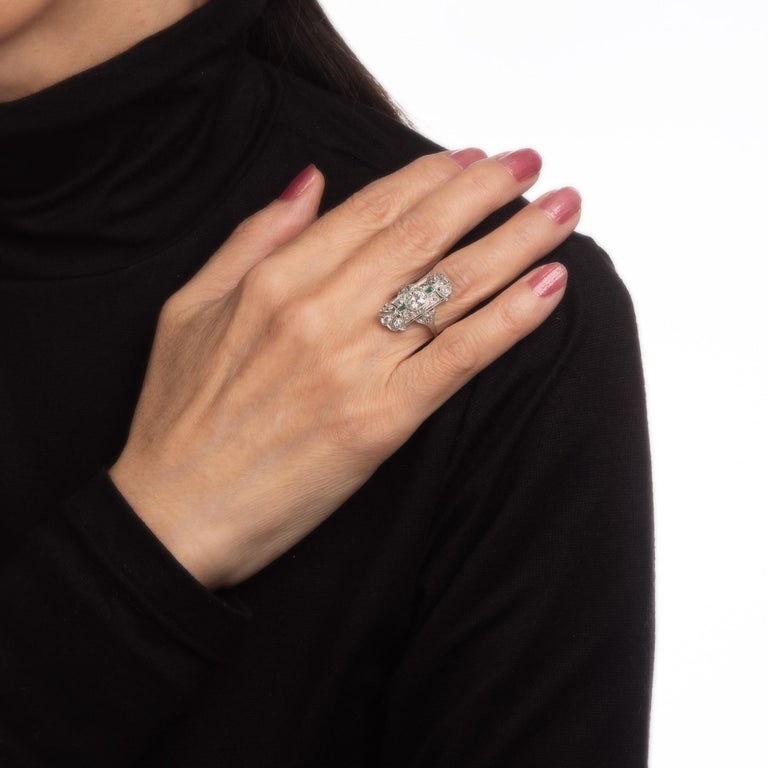 Vintage Art Deco Emerald Diamond Ring Platinum Elongated Plaque Band ...