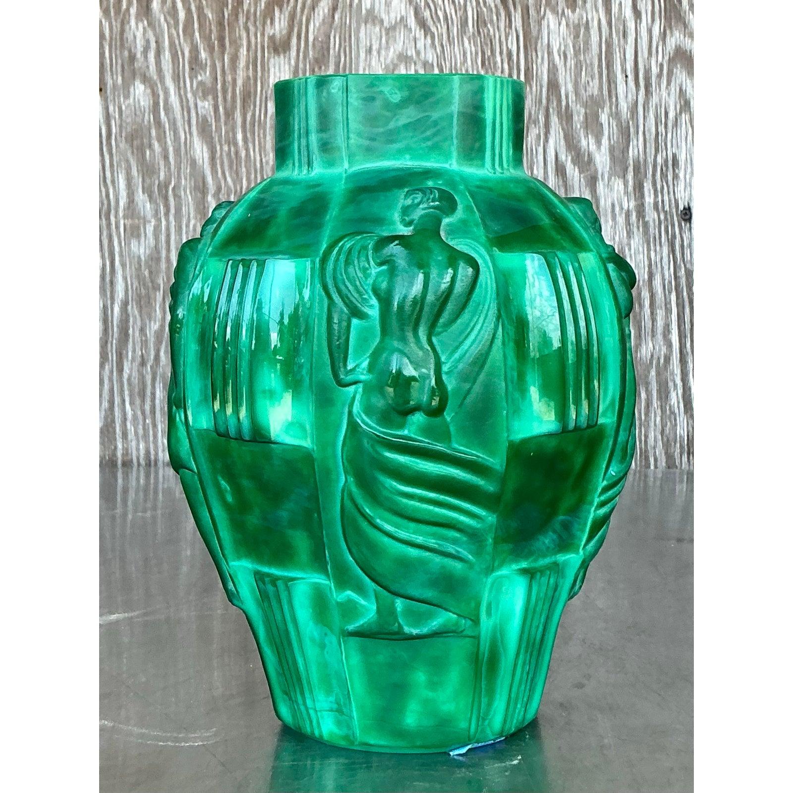 Vintage Art Deco Malachite Glass “Ingrid” Vase After Artur Pleva For ...