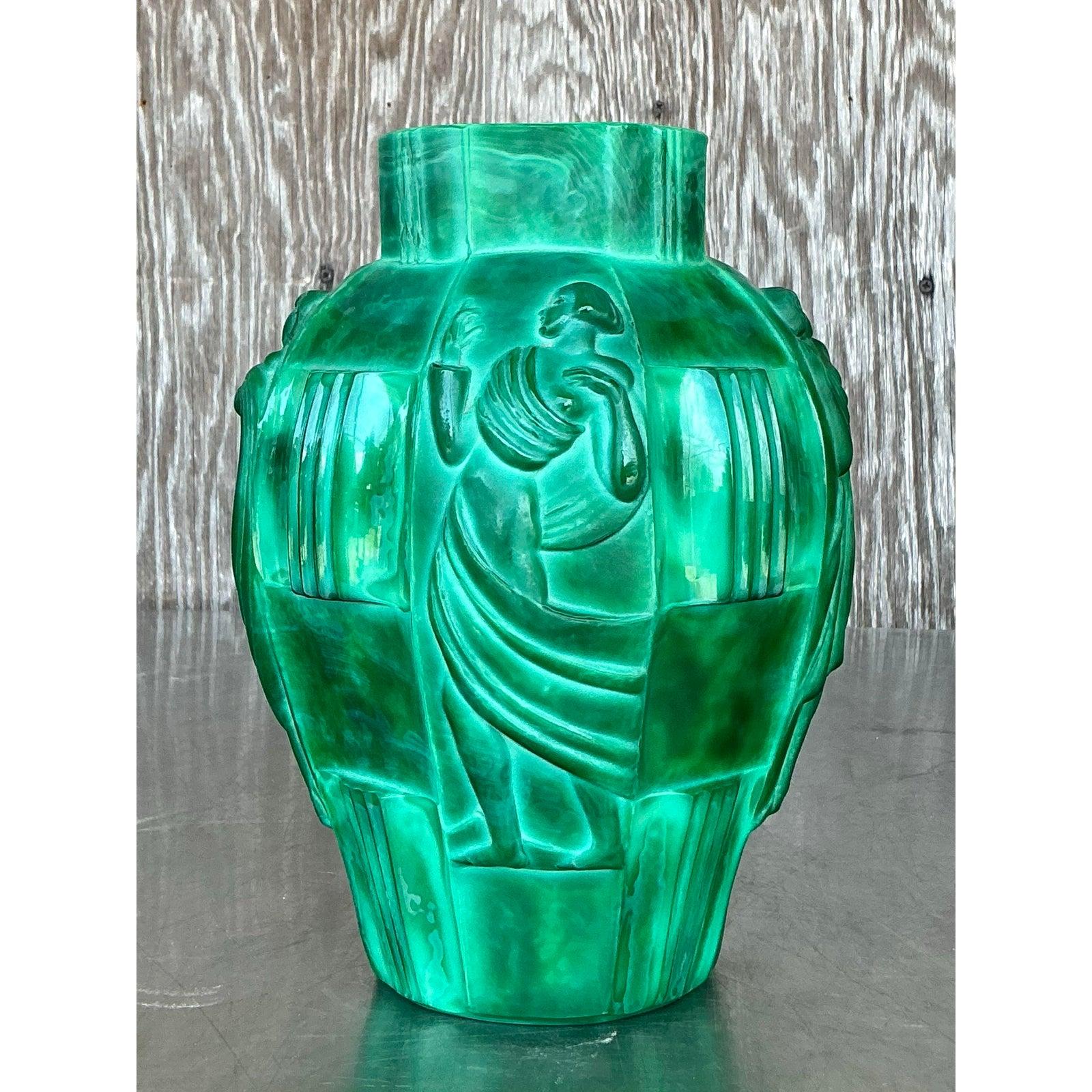 Vintage Art Deco Malachite Glass “Ingrid” Vase After Artur Pleva For ...