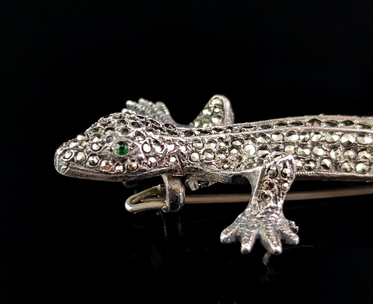 Vintage Art Deco Marcasite Lizard Brooch, 800 Silver For Sale at 1stDibs