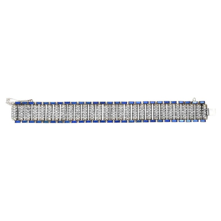 Vintage Art Deco Pave and Blue Baguette Link Bracelet Circa 1940s For ...