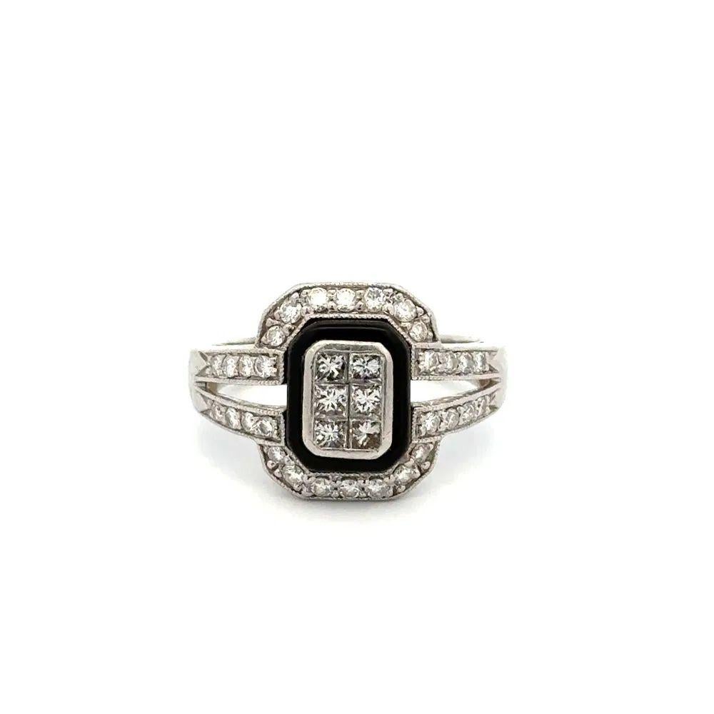 Vintage Art Deco Revival Onyx Princess Diamond and RBC Diamond Platinum Ring For Sale at 1stDibs