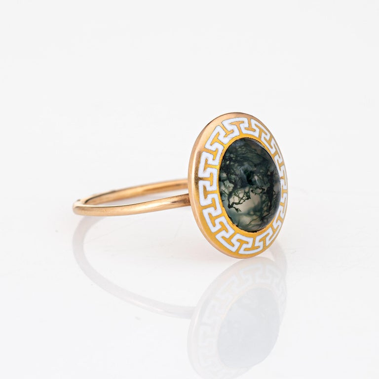 Vintage Art Deco Ring Moss Agate Greek Key Enamel Conversion Band Sz 6. ...