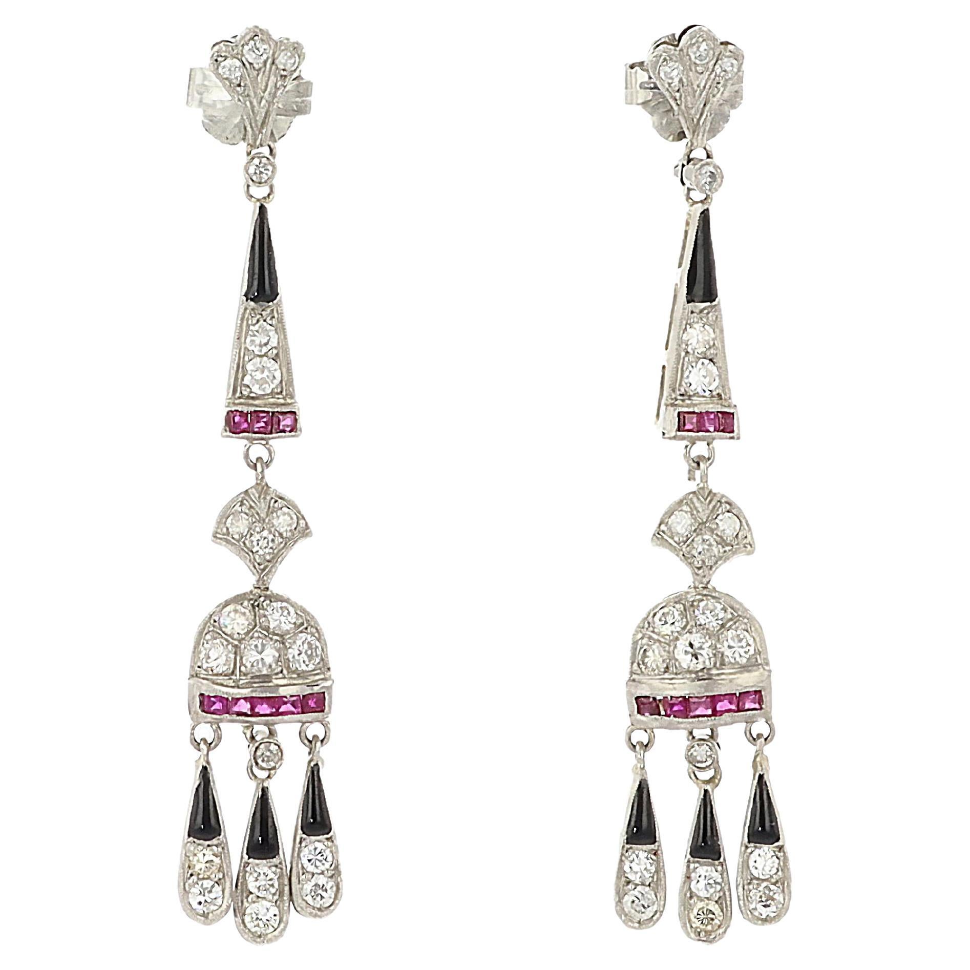 Art Deco Style Black Onyx Pearl Ruby Gold Enamel Diamonds Dangling ...