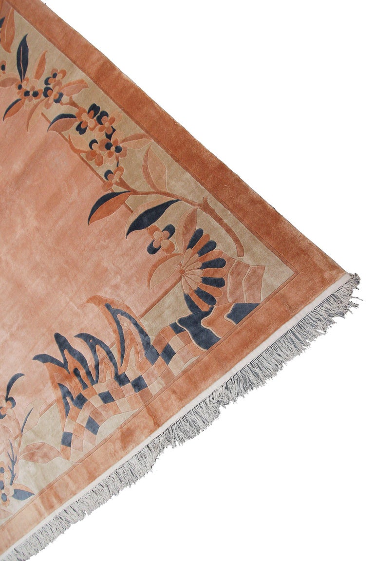 Vintage Art Deco Rug Silk Silk Chinese Rug Bold Neutral For Sale at 1stDibs