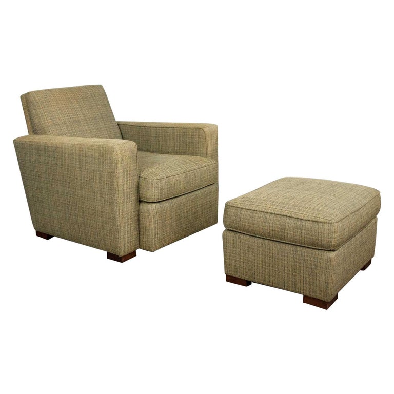 Vintage Art Deco Style Club Chair and Ottoman in Green Tweed by Hickory ...