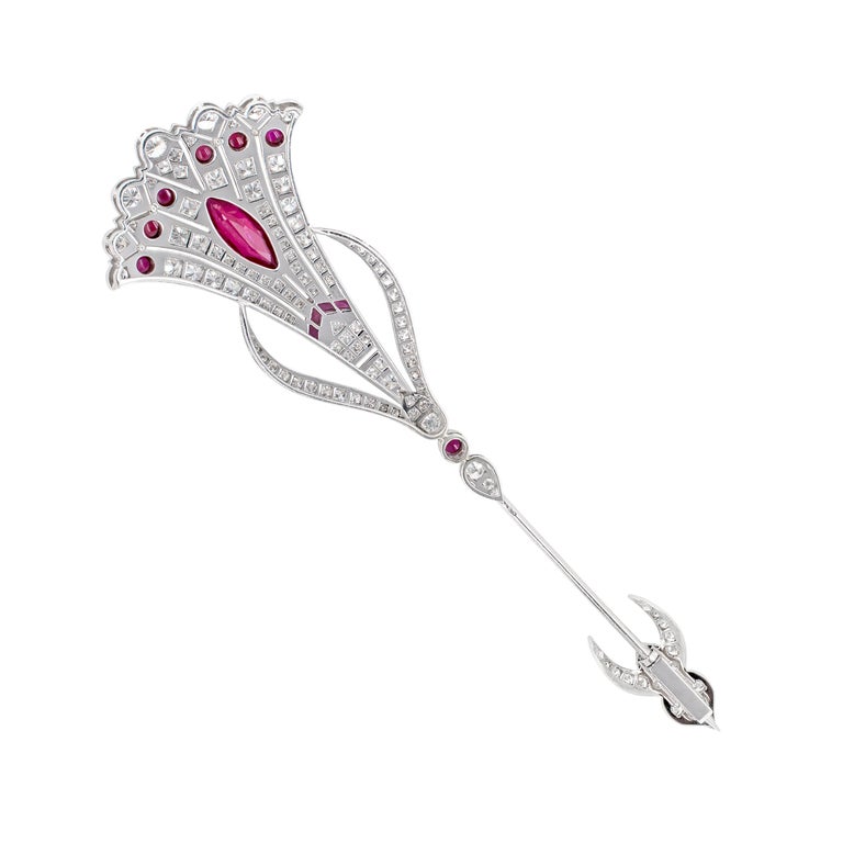 Art Deco Style Ruby and Diamond 18ct White Gold Jabot Pin, circa 1965 ...