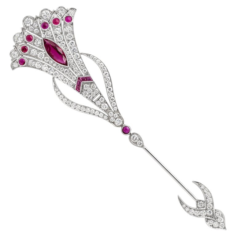 Art Deco Style Ruby and Diamond 18ct White Gold Jabot Pin, circa 1965 ...