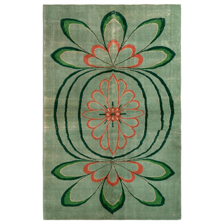 Vintage Art Deco Style Rug in Green and Orange Floral Pattern For Sale ...