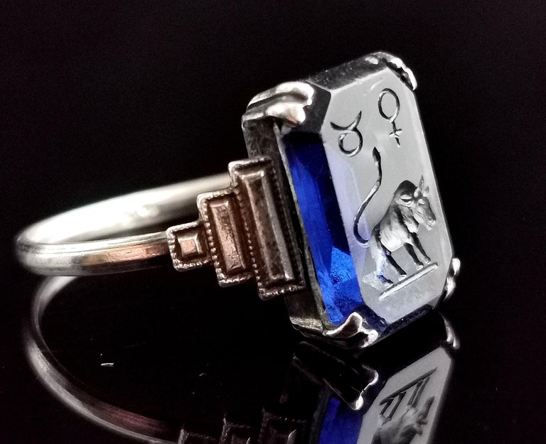 Vintage Art Deco Zodiac intaglio ring, sterling silver, Taurus at 1stDibs