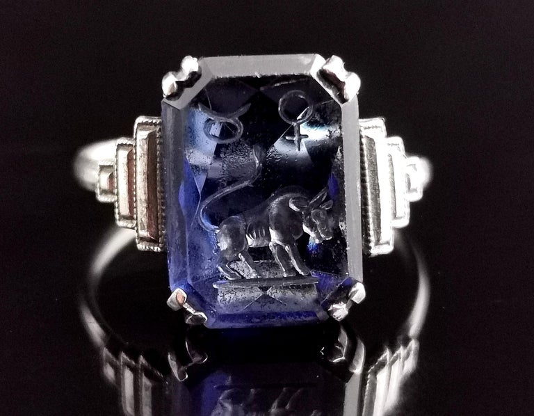 Vintage Art Deco Zodiac intaglio ring, sterling silver, Taurus at 1stDibs