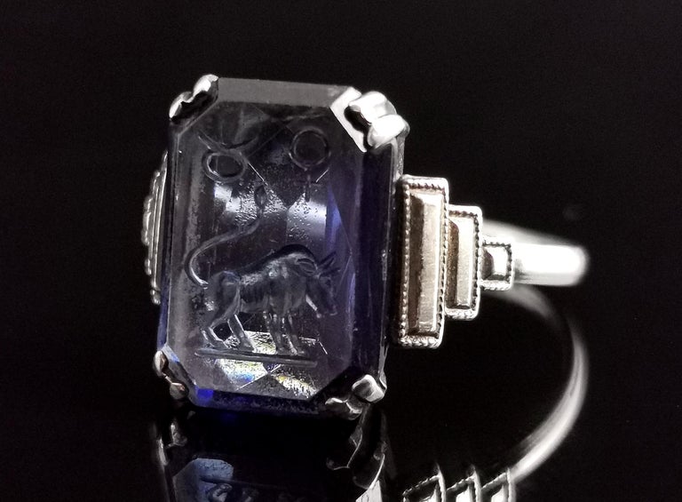 Vintage Art Deco Zodiac intaglio ring, sterling silver, Taurus at 1stDibs