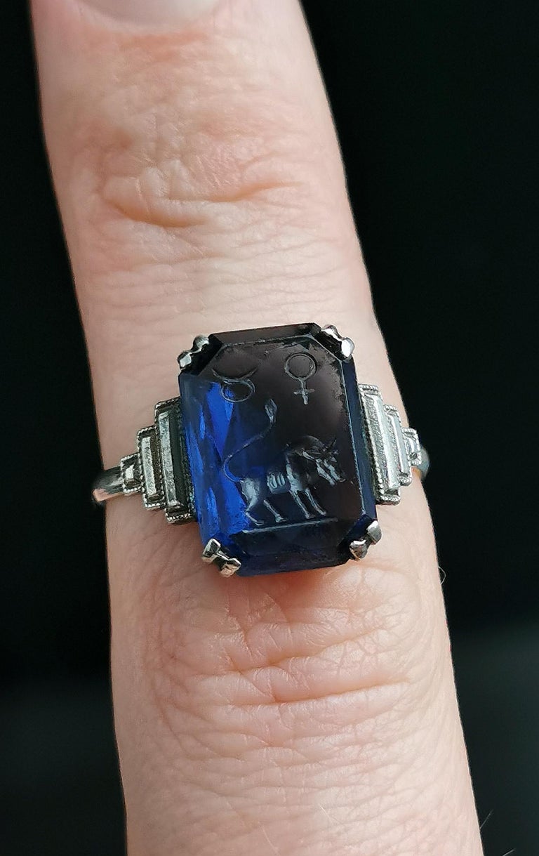 Vintage Art Deco Zodiac intaglio ring, sterling silver, Taurus at 1stDibs