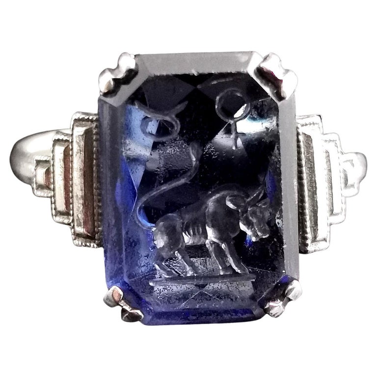 Vintage Art Deco Zodiac intaglio ring, sterling silver, Taurus at 1stDibs