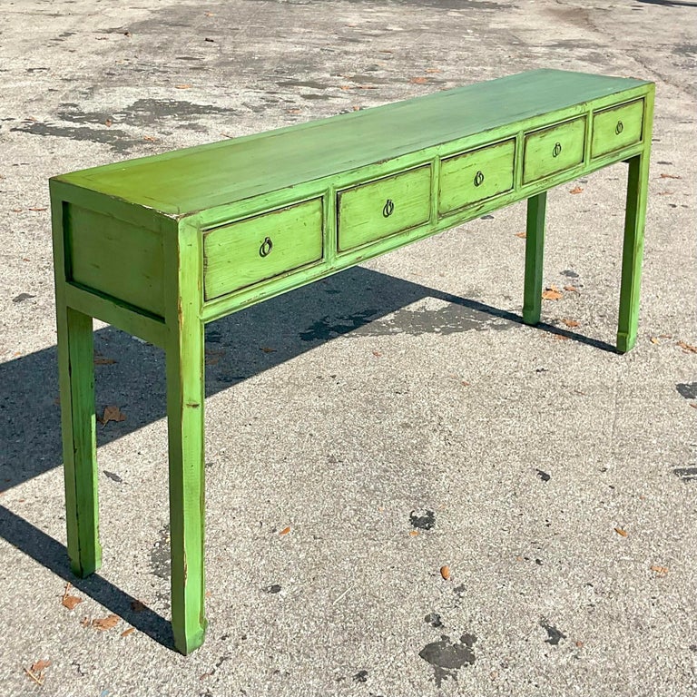 Vintage Asian Apple Green Reclaimed Wood Console Table For Sale at 1stDibs