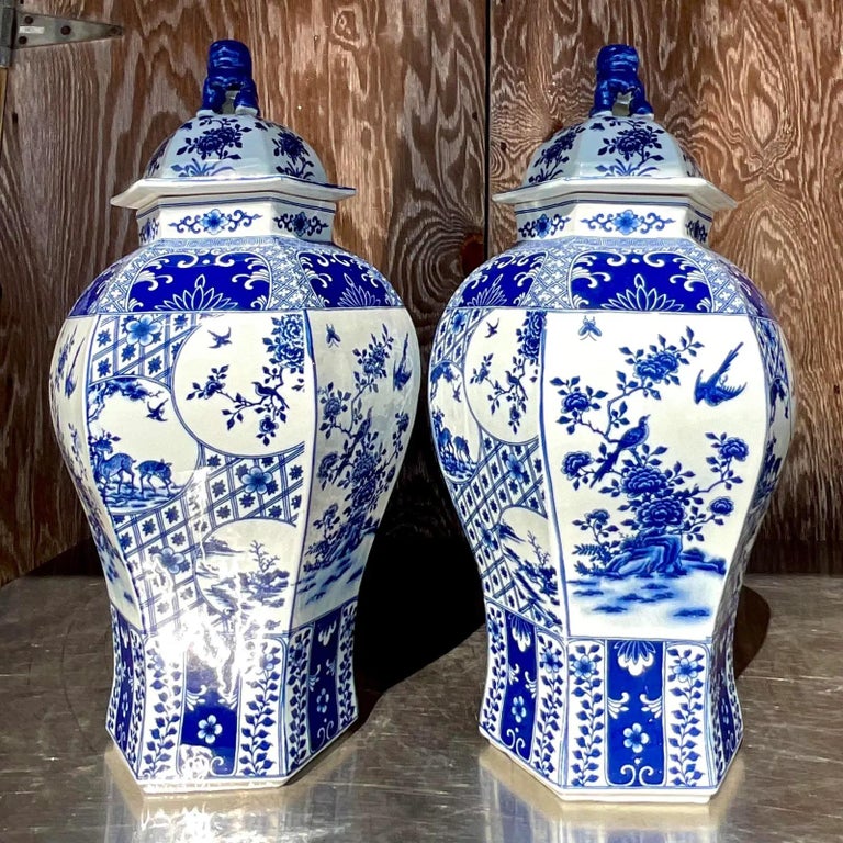Vintage Asian Blue and White Urns, a Pair For Sale at 1stDibs
