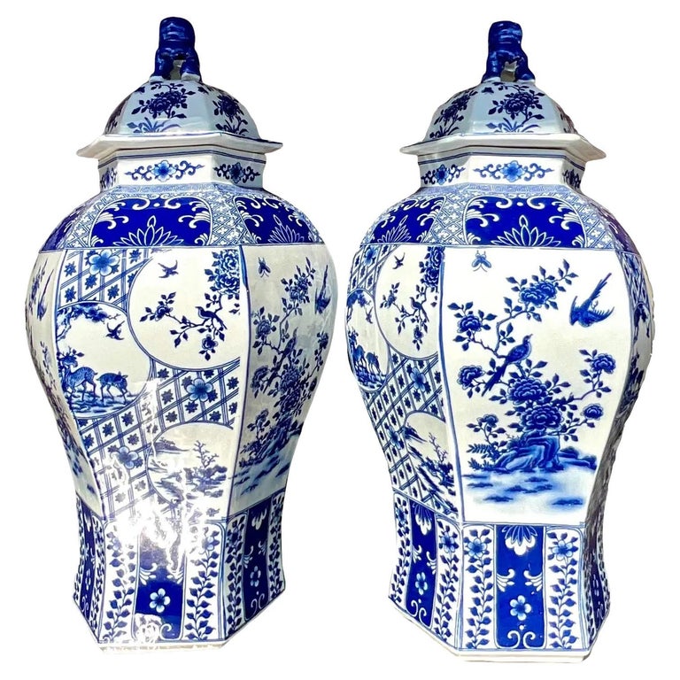 Vintage Asian Blue and White Urns, a Pair For Sale at 1stDibs
