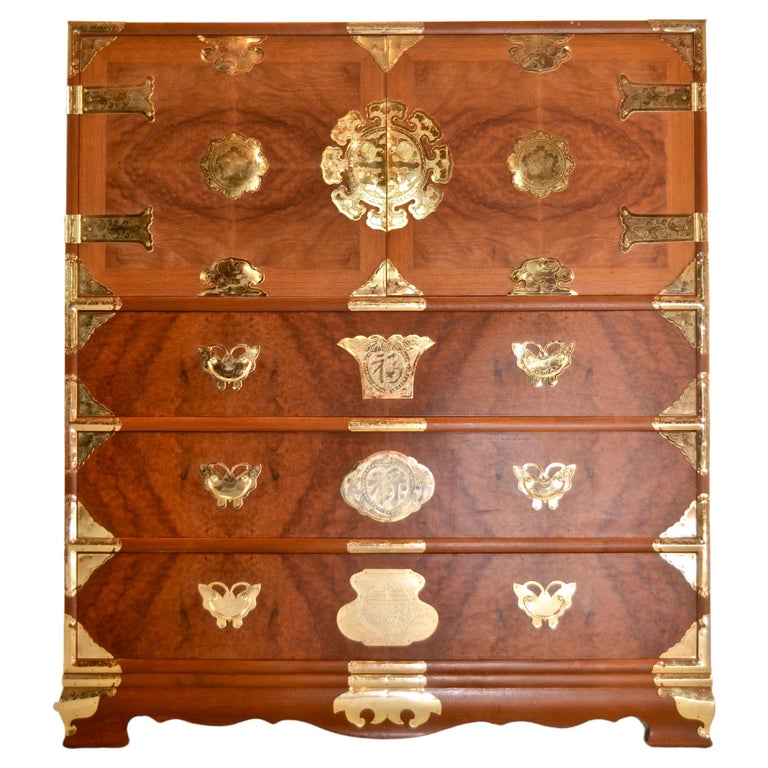 Vintage Asian Burl Campaign Tansu Style Butterfly Chest Cabinet For ...
