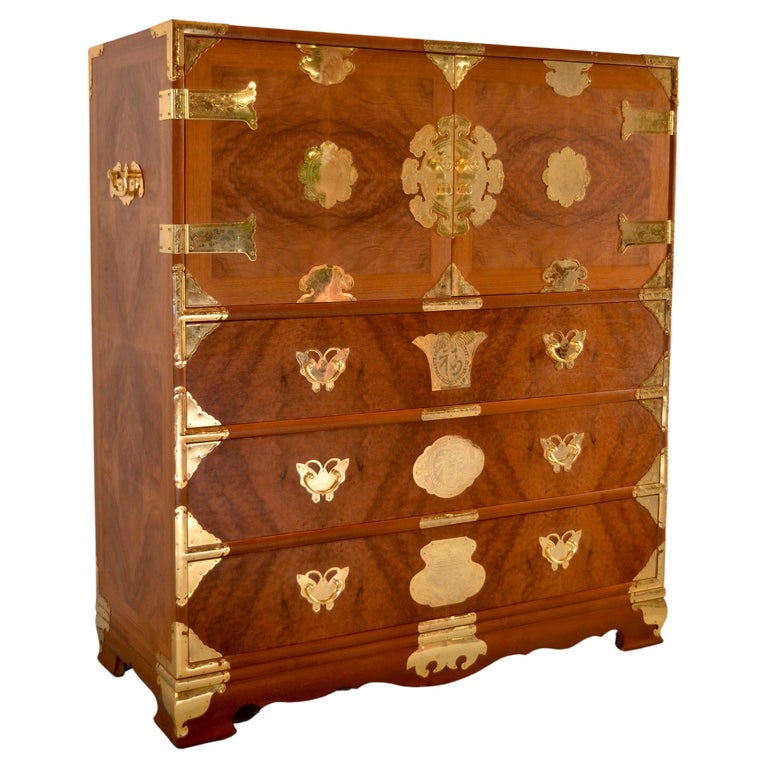 Vintage Asian Burl Campaign Tansu Style Butterfly Chest Cabinet For ...