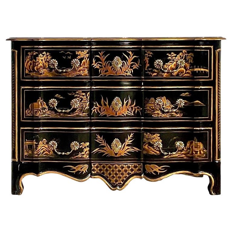 Vintage Asian Chinoiserie Roll Front Chest of Drawers For Sale at 1stDibs